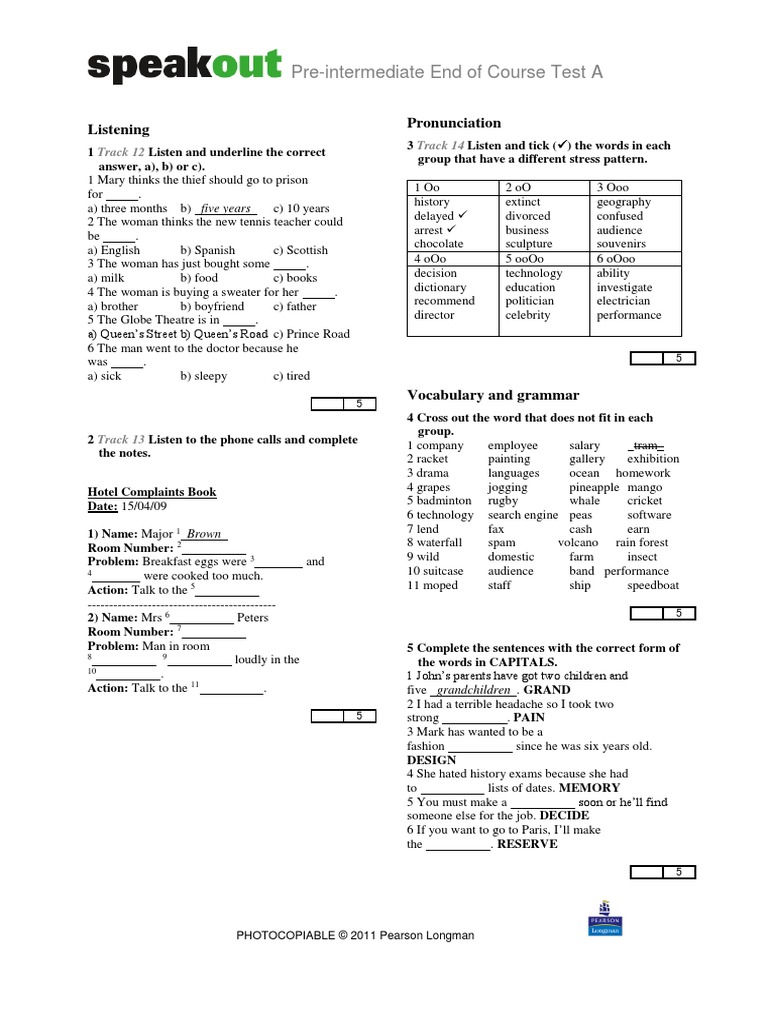 Pre-Intermediate End of Course Test A: Listening Pronunciation | PDF
