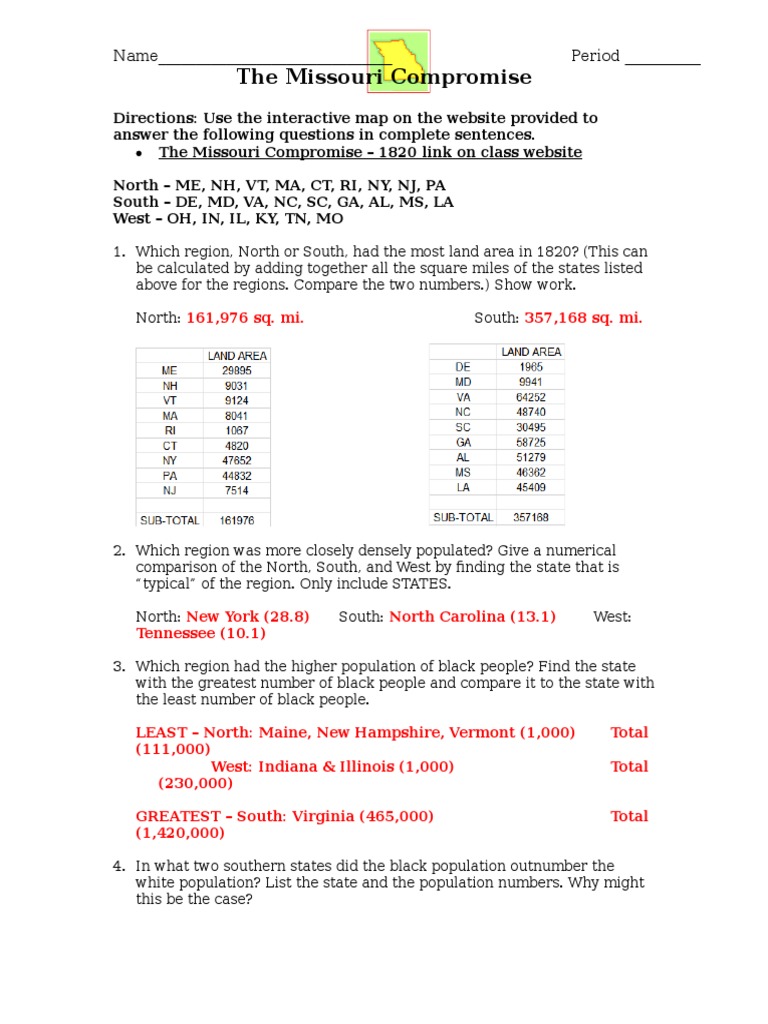 The Missouri Compromise Worksheet For Interative Map KEY | PDF | Human ...