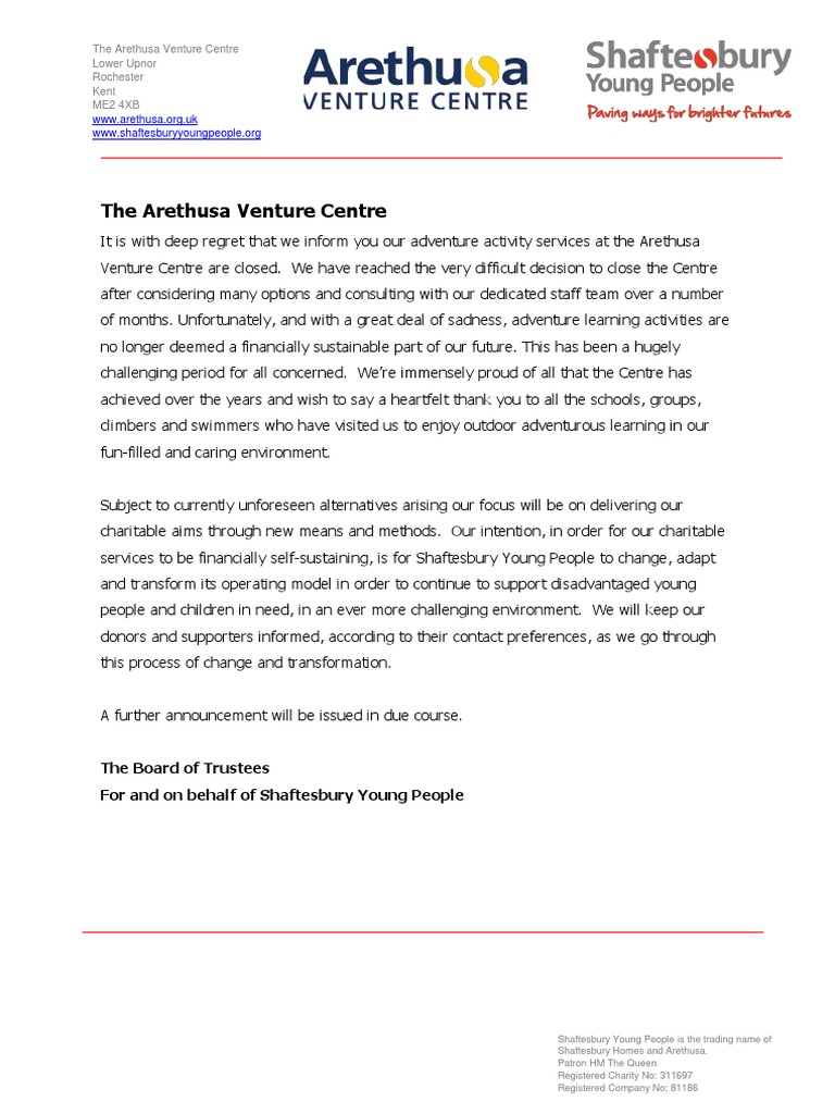 Arethusa Venture Centre Closure Notice | PDF | Business