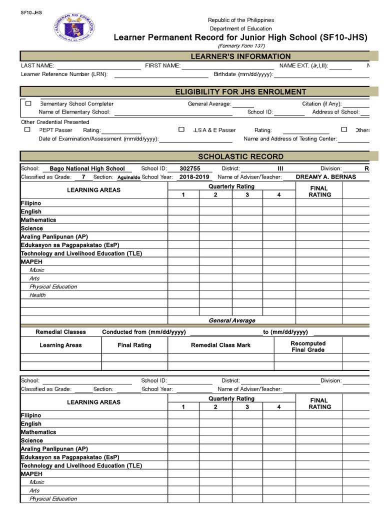 School Form 10 SF10 Learners Permanent Academic Record For Junior High ...
