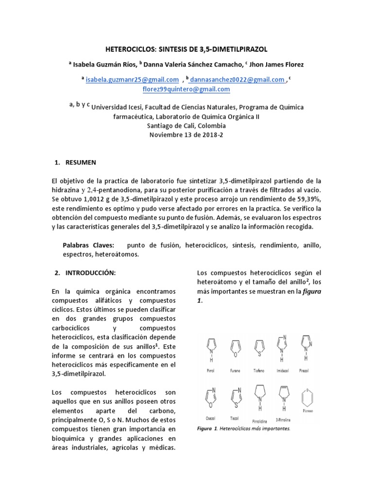 Informe Pirazol | PDF | Síntesis orgánica | Oxígeno
