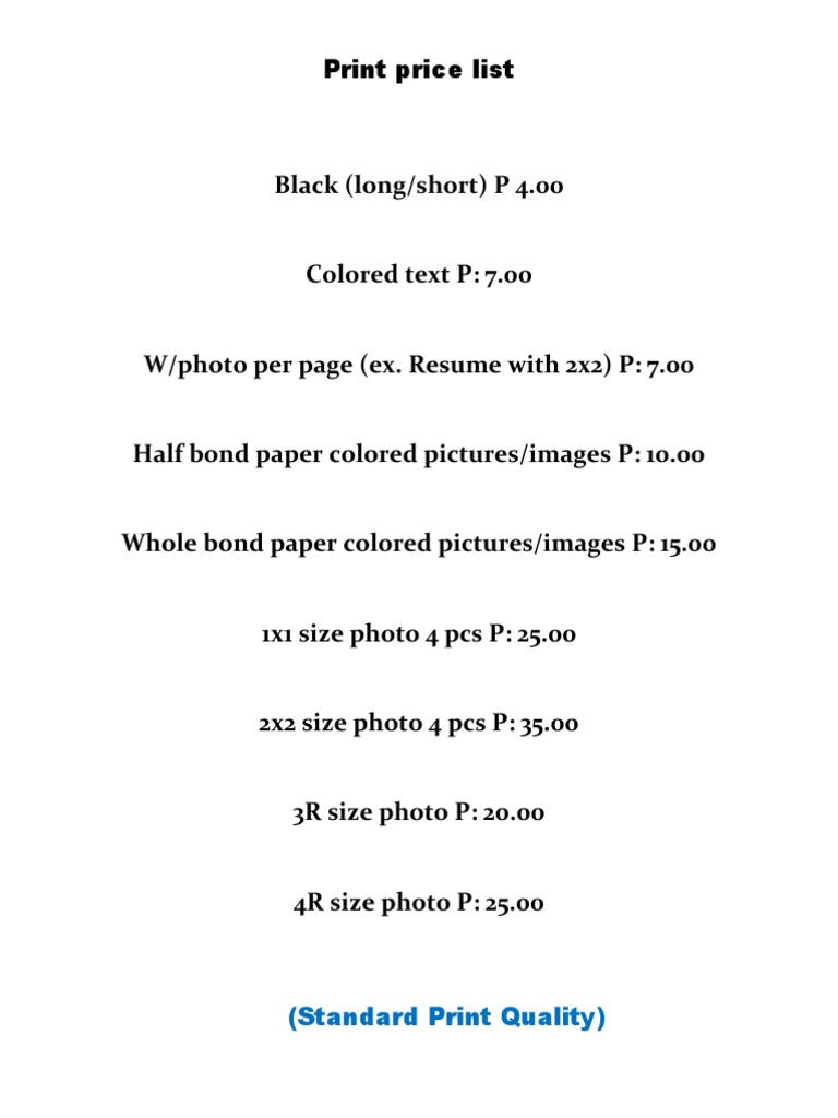 Print shop price list for photos and colored pages | PDF