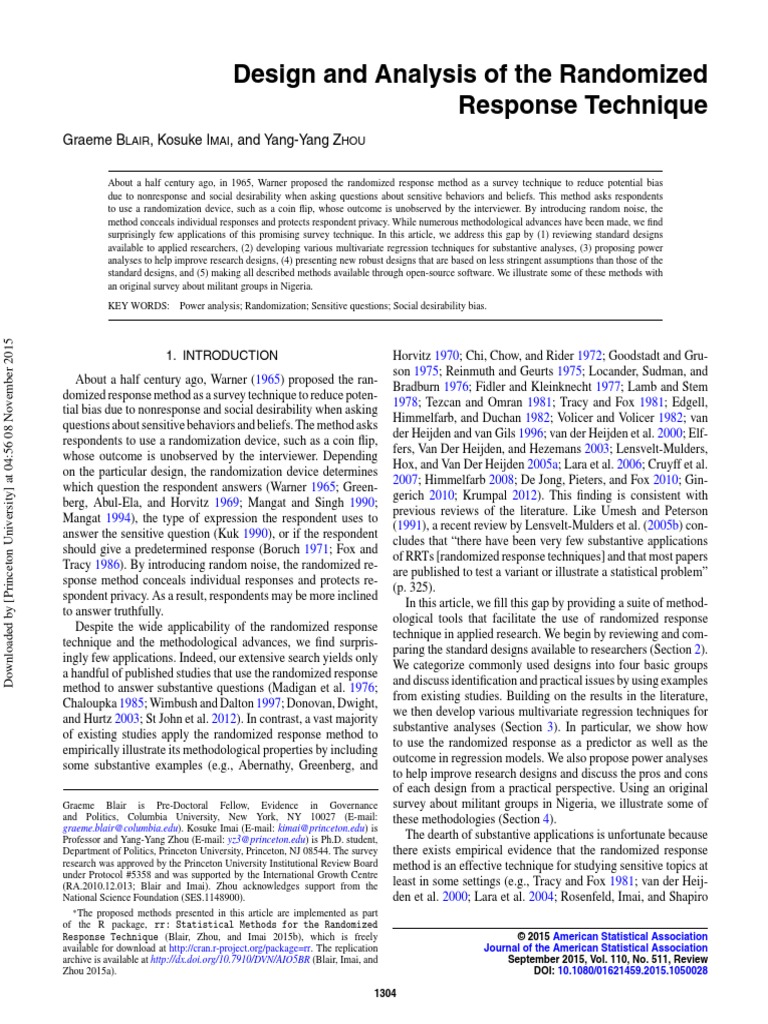 Design and Analysis of The Randomized Response Technique: Graeme B, Kosuke I, and Yang-Yang Z ...