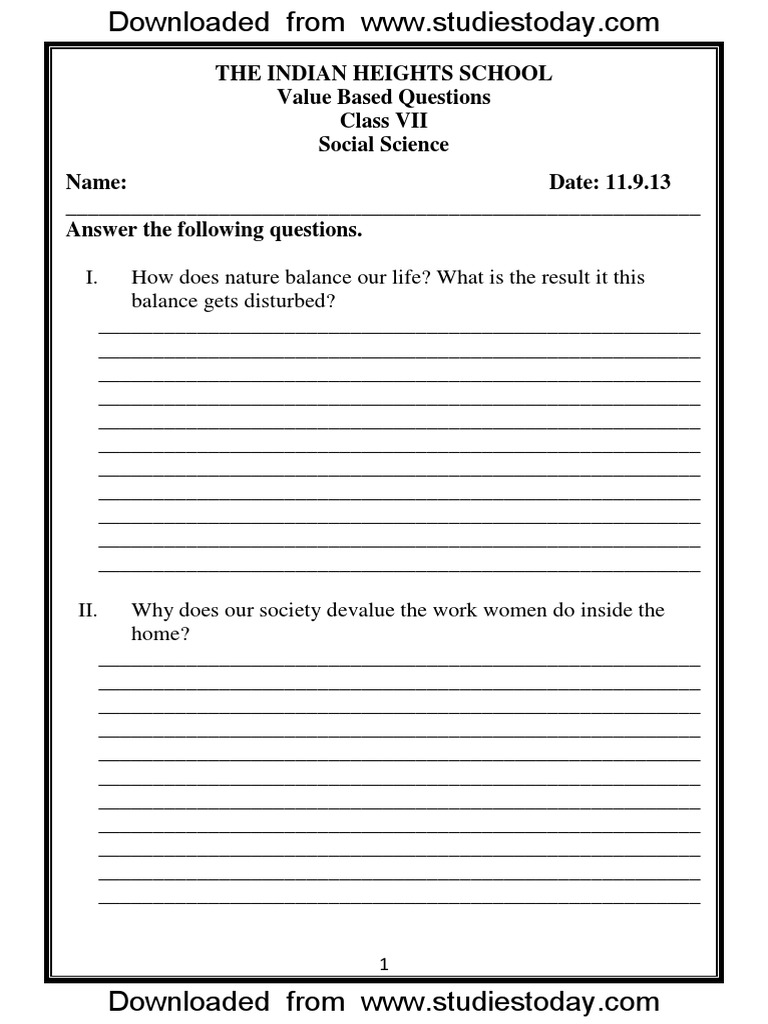 CBSE Class 7 Social Science Value Based Questions (VBQS) PDF | PDF ...