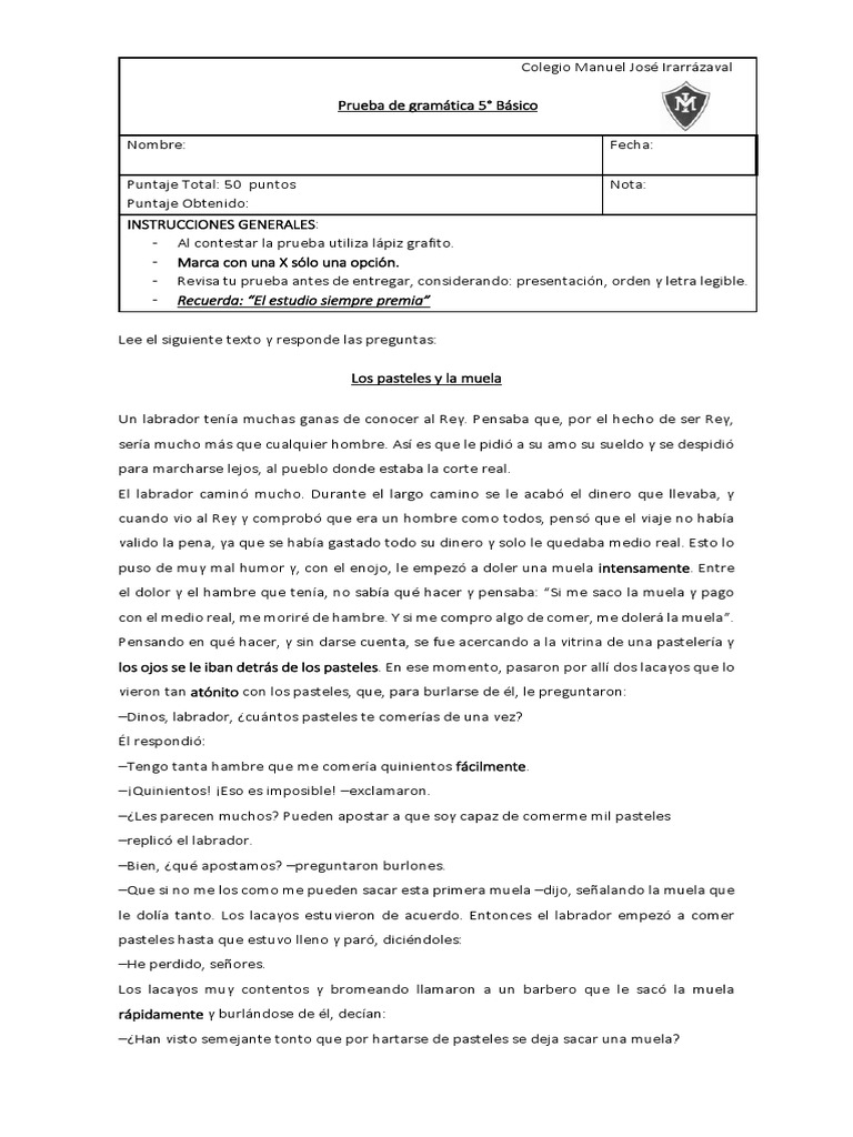 Prueba Gramatica 5° Básico | PDF | Verbo | Lingüística