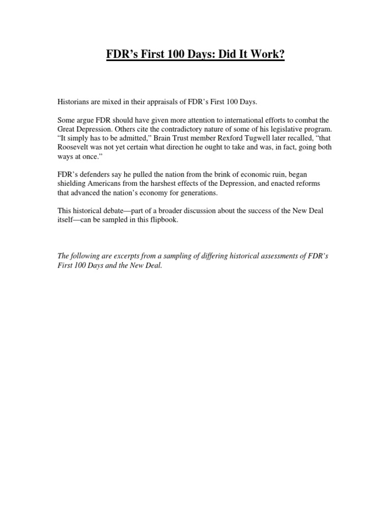 FDR's First 100 Days: Did It Work? | PDF | New Deal | Franklin D. Roosevelt