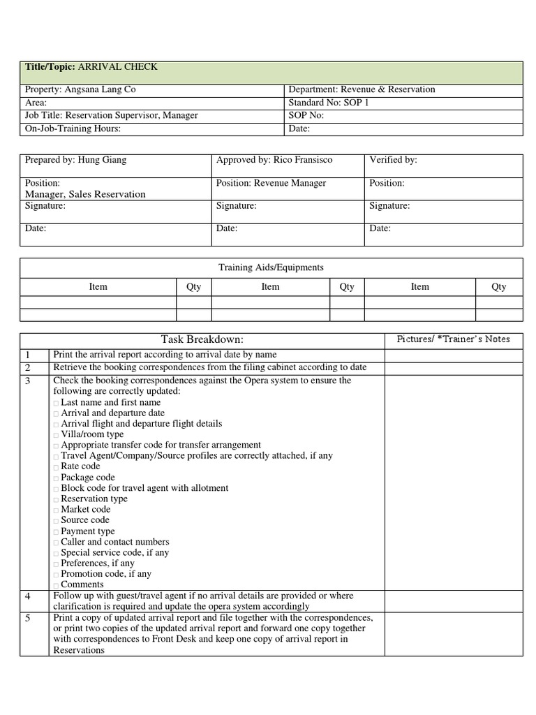 Arrival Check SOP for Travel Agents | PDF
