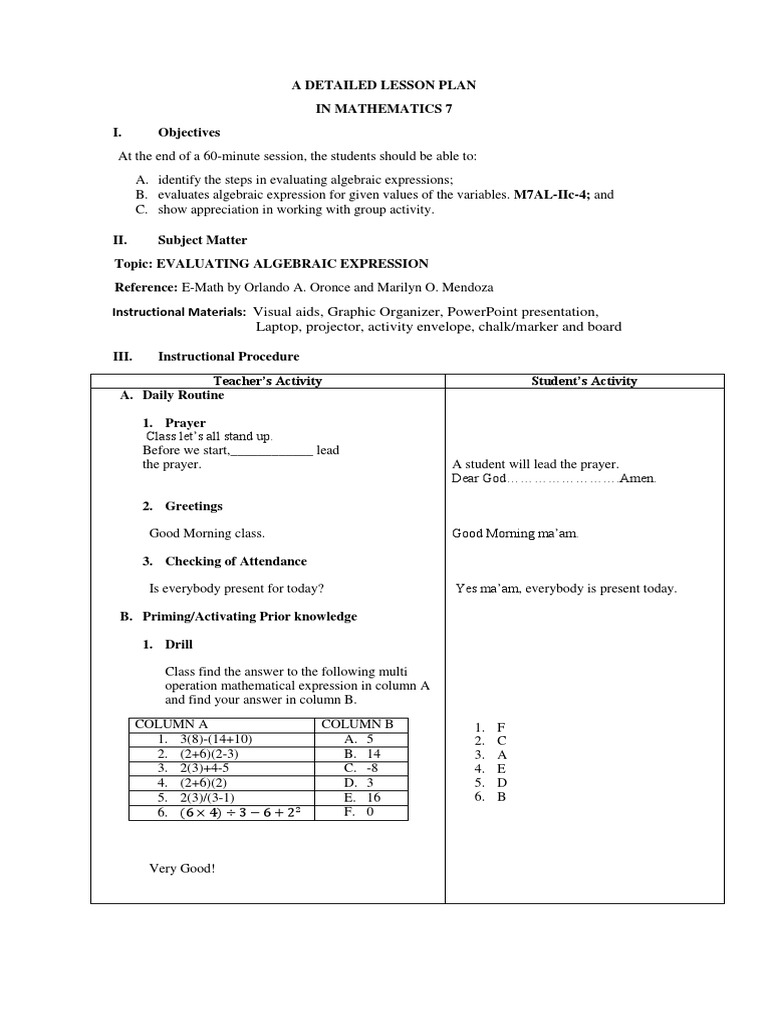 Math7 Detailed Lesson Plan | PDF | Equations | Multiplication