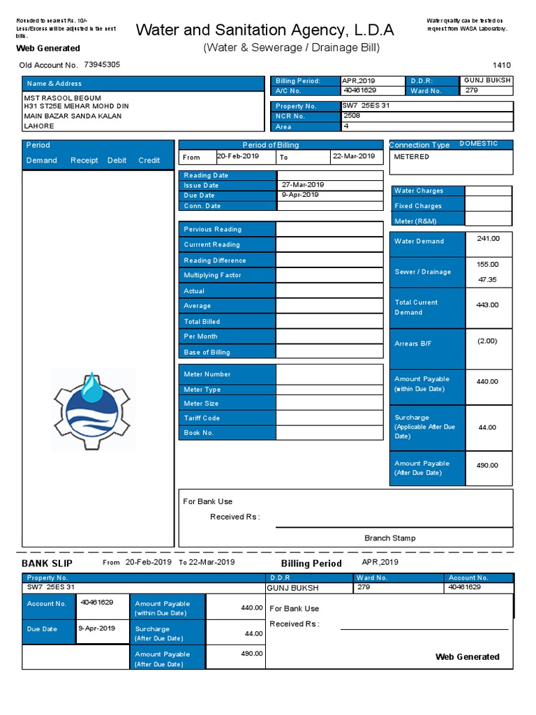 Water and Sanitation Agency, L.D.A: (Water & Sewerage / Drainage Bill ...