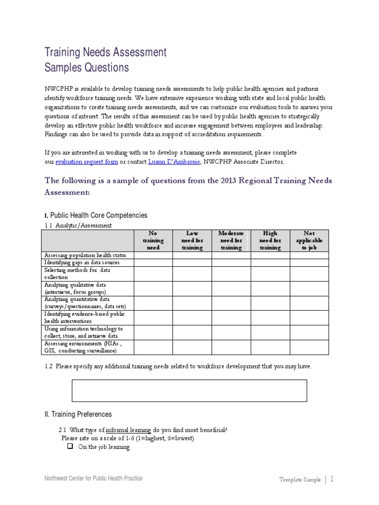 Training Needs Assessment - Sample PDF | PDF | Needs Assessment ...