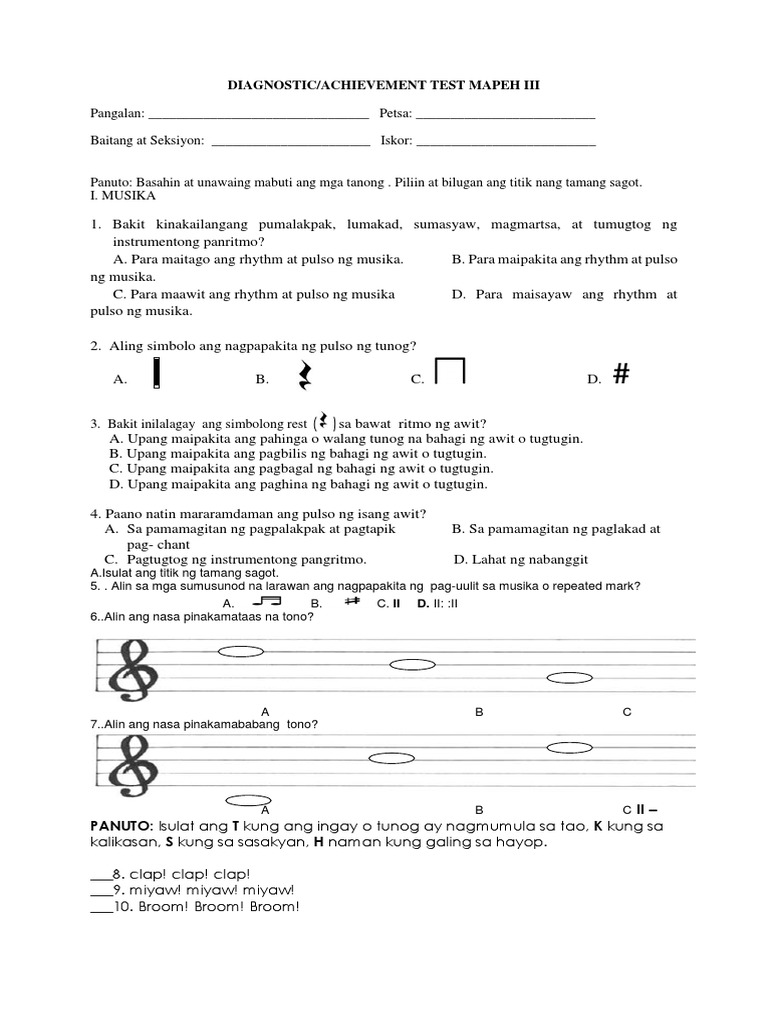 Diagnostic Test Iii-Mapeh | PDF