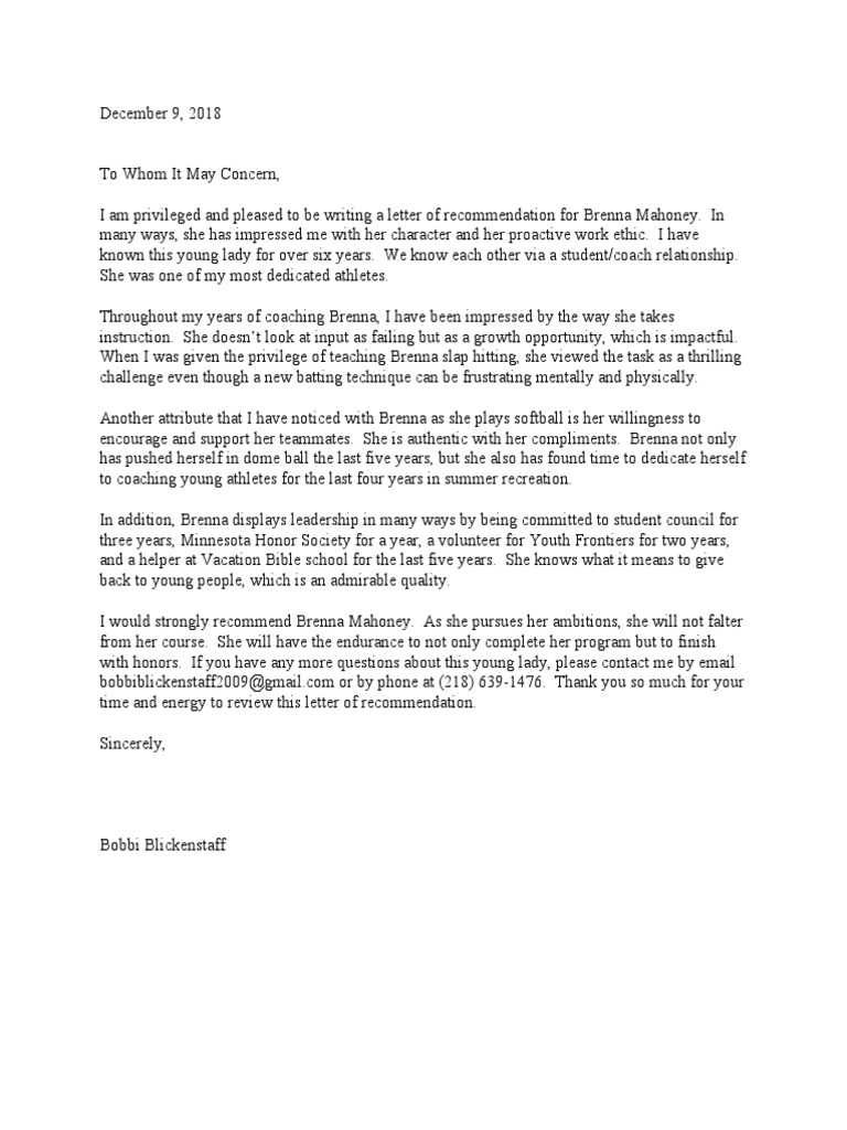 Brenna Mahoney Recommendation | PDF