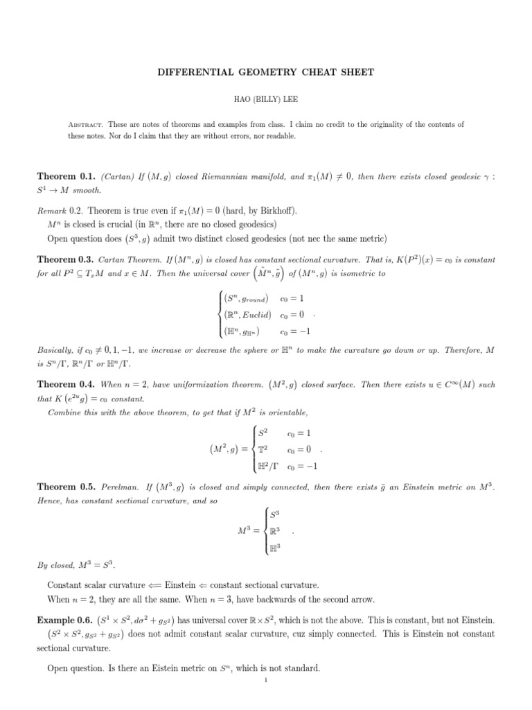 Differential Geometry Cheat Sheet | PDF | Differential Geometry ...