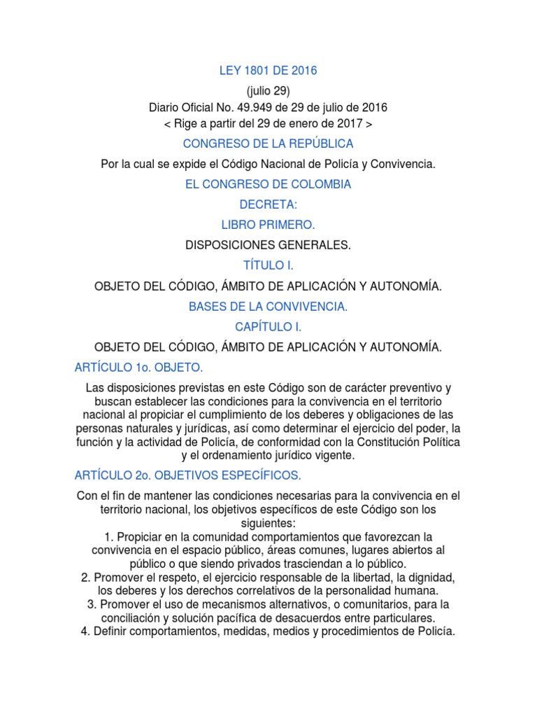 Codigo de Policia Ley 1801 de 2016 PDF | Descargar gratis PDF | Policía | Regulación