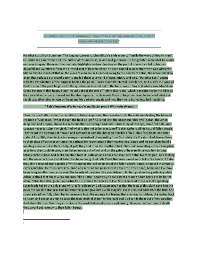 Short Summary of Paradise Lost | PDF | Paradise Lost | Adam And Eve