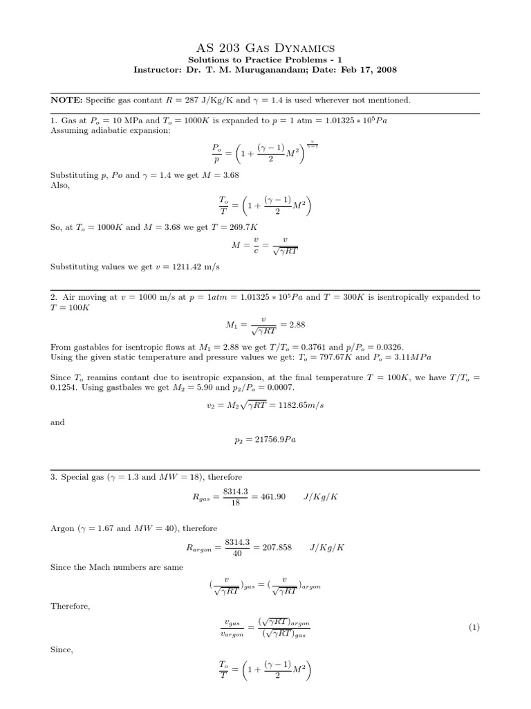 AS 203 Gas Dynamics: Solutions To Practice Problems - 1 Instructor: Dr ...