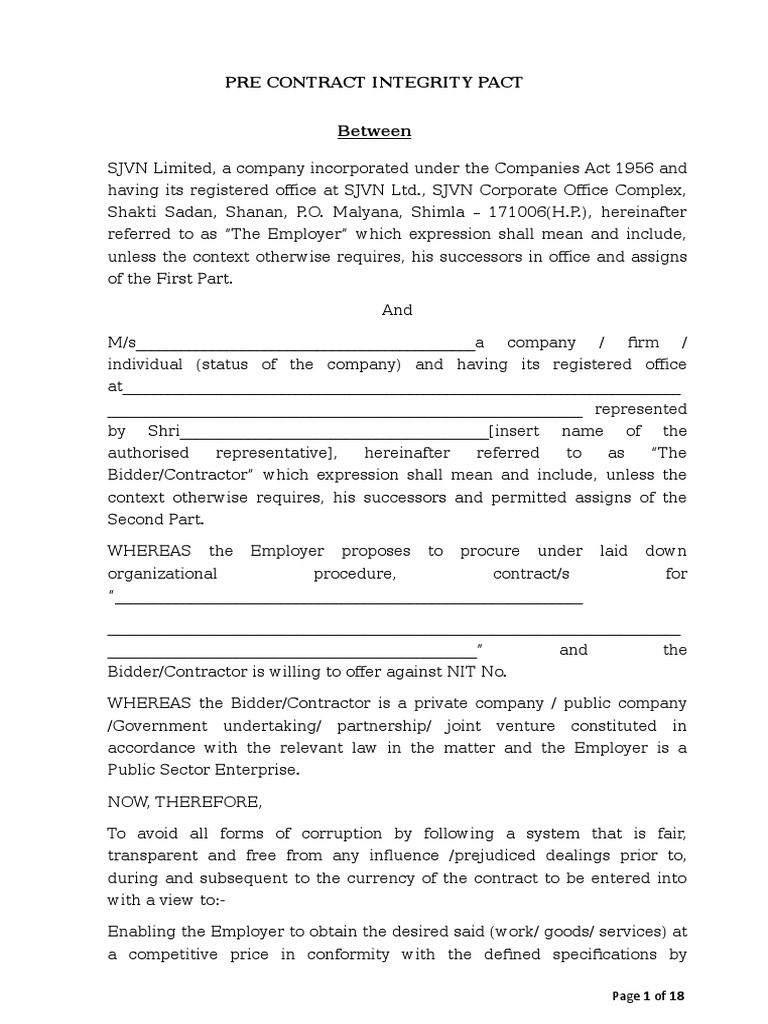 Pre Contract Integrity Pact Between | PDF | Bribery | Corruption