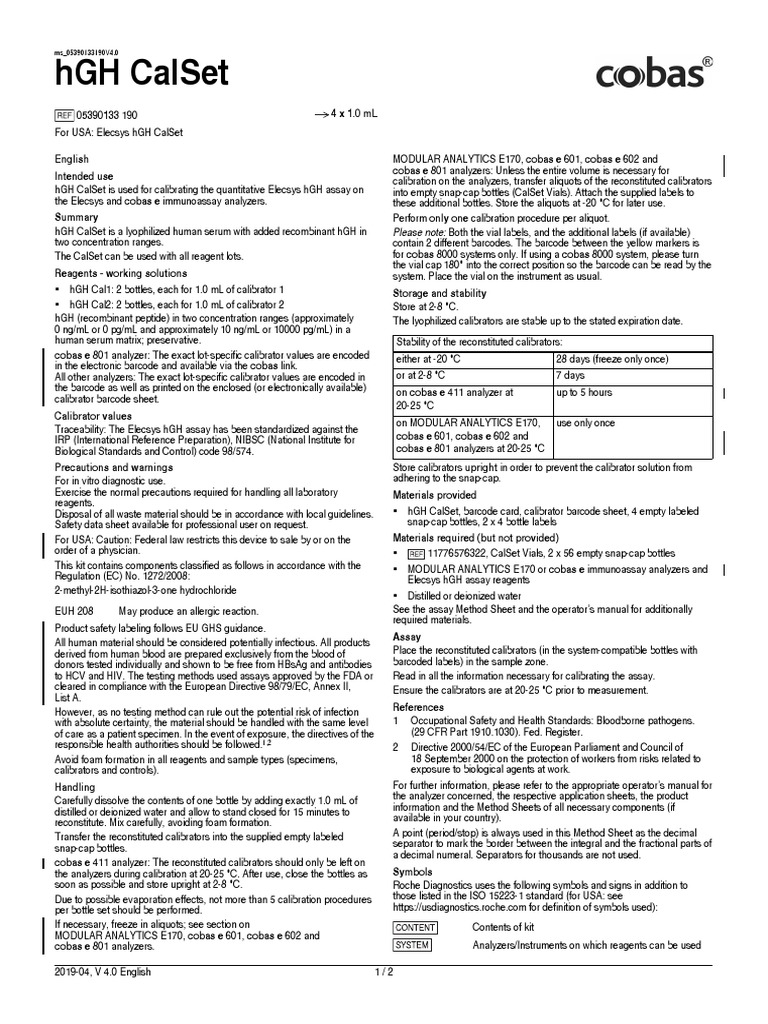 Insert - HGH CalSet - Ms 05390133190.V4.En | PDF | Assay | Immunoassay