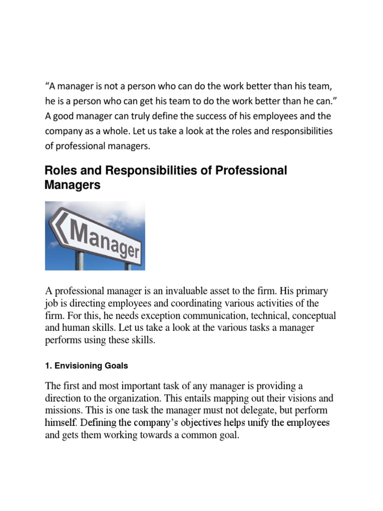 Roles and Responsibilities of Professional Managers: 1. Envisioning ...