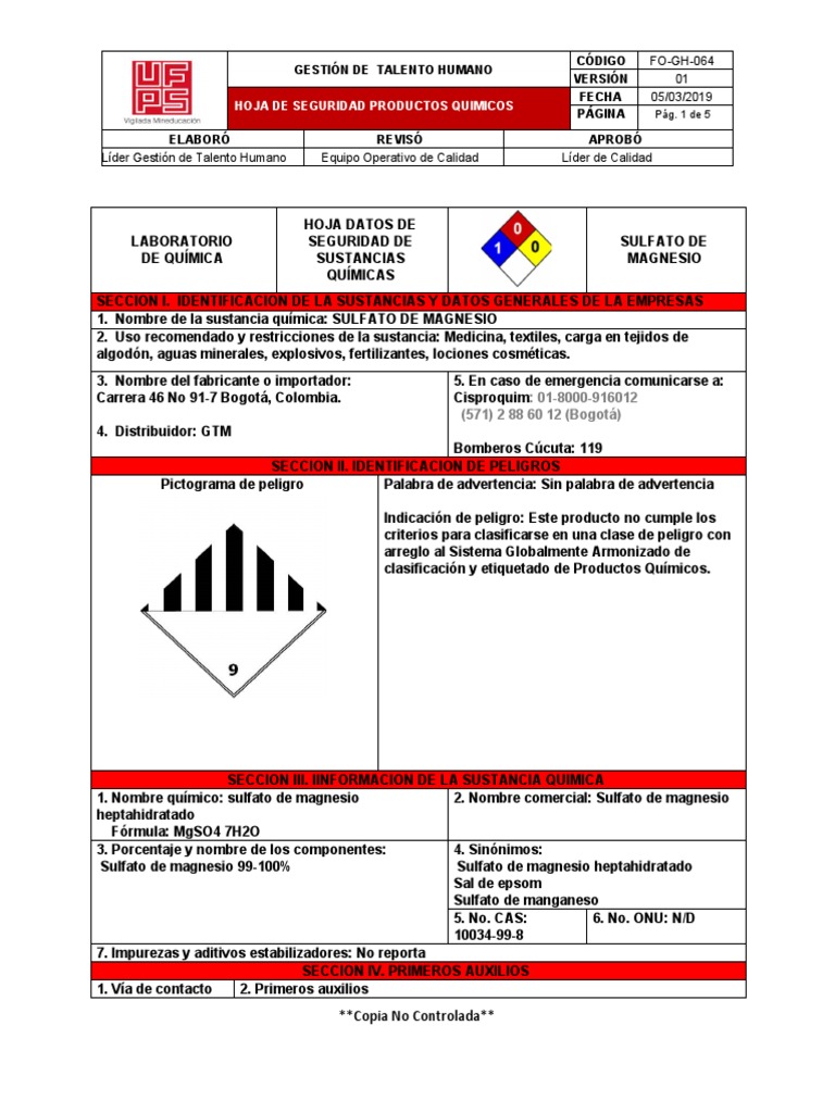 Fo-Gh-064 Hoja de Seguridad Productos Quimicos 1 | PDF | Magnesio | Agua