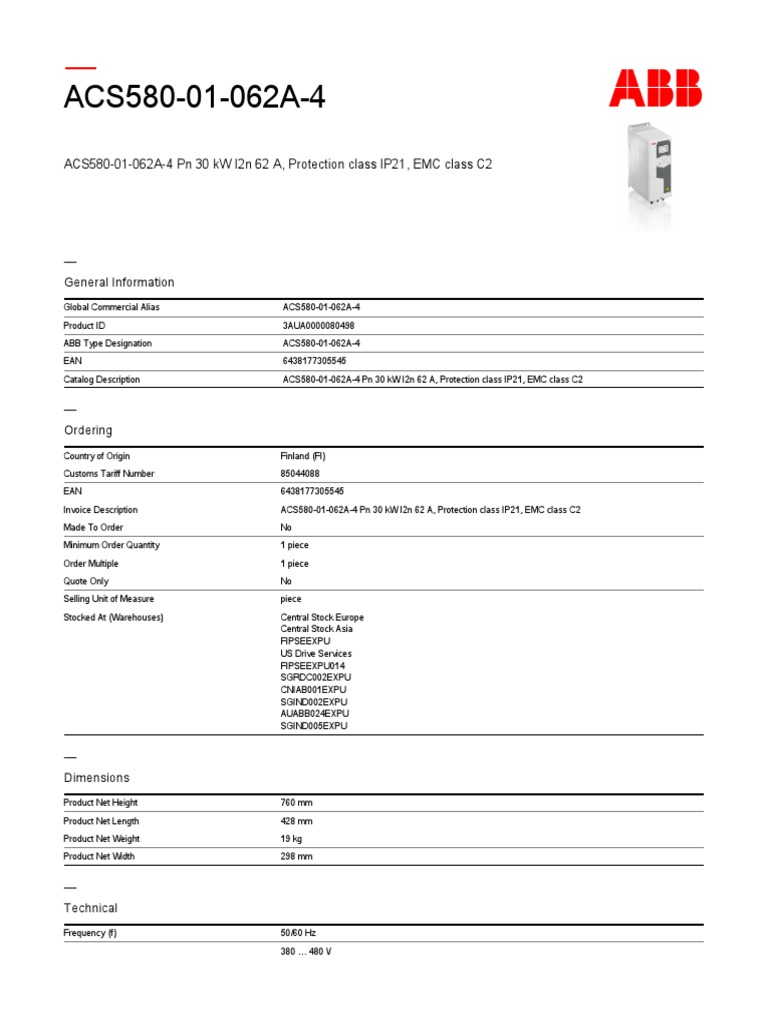 3AUA0000080498 Acs580 01 062a 4 PN 30 KW I2n 62 A Protection Class Ip21 ...