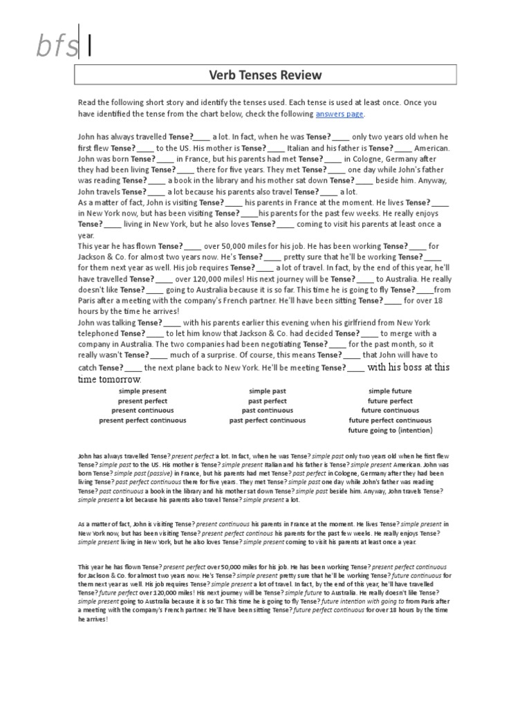 Verb Tenses Review | PDF | Grammatical Tense | Syntax