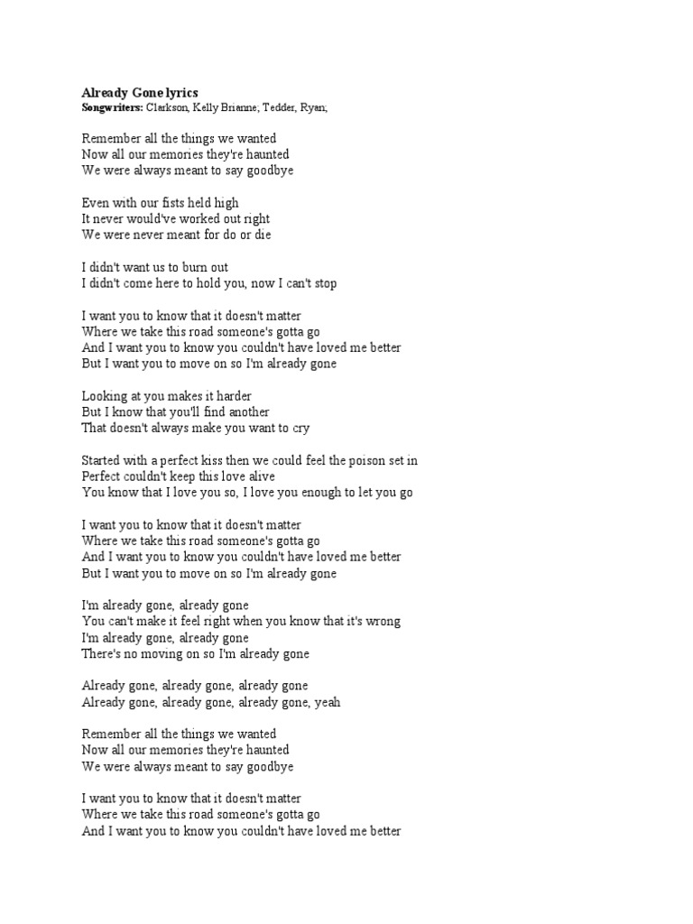 Already Gone Lyrics: Songwriters: Clarkson, Kelly Brianne Tedder, Ryan | PDF | American Songs ...