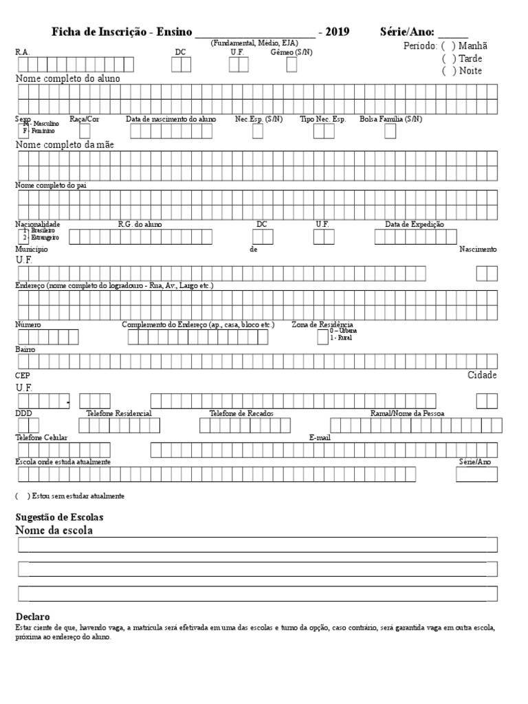 Modelo Ficha de Inscrição | PDF | Escolas | Estudantes