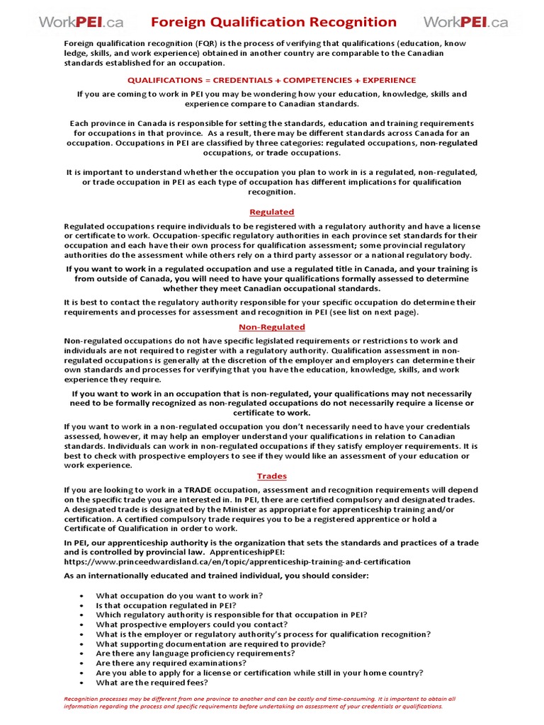 Foreign Qualification For Pei | PDF | Apprenticeship | Credential