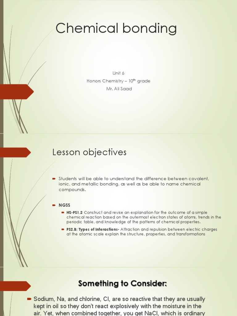 Chemical Bonding: Unit 6 Honors Chemistry - 10 Grade Mr. Ali Saad | PDF ...