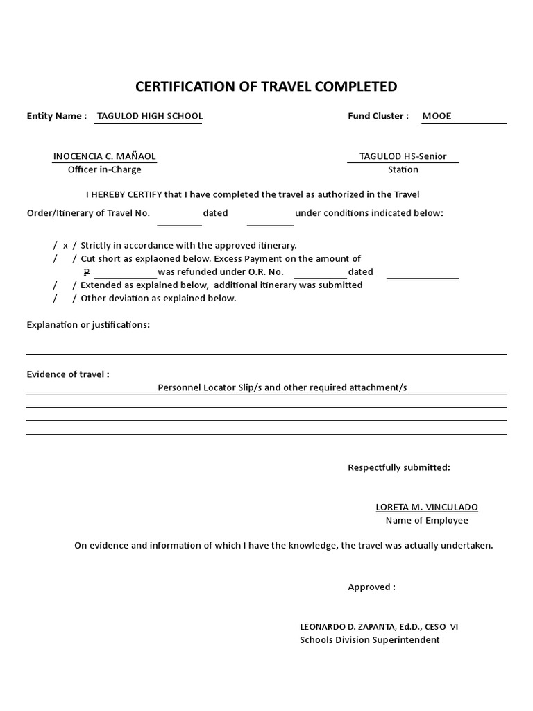 Certification of Travel Completed: Entity Name: Tagulod High School ...