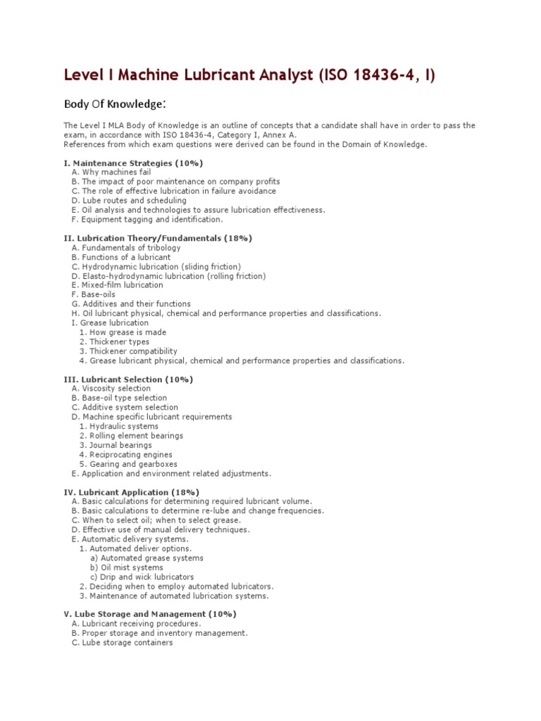 Level I Machine Lubricant Analyst (ISO 18436-4, I) : Body of Knowledge ...