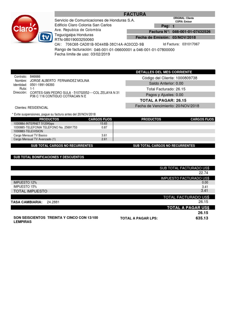 Factura Servicios Claro Nov 2018 | PDF | Honduras | Factura