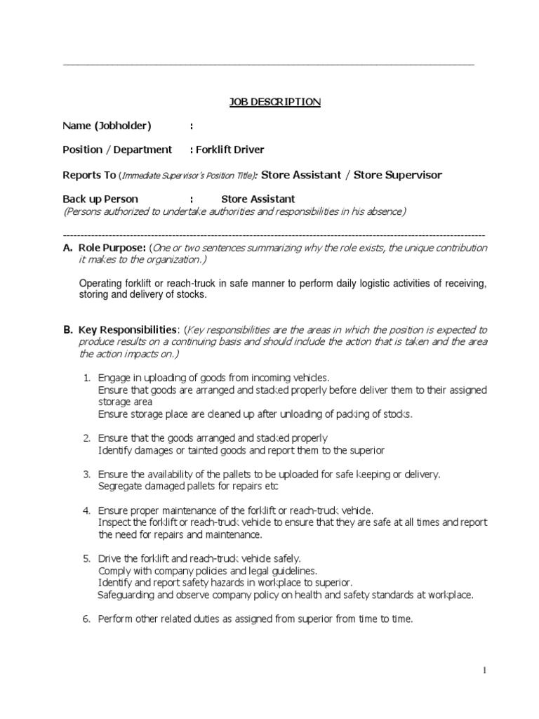 Forklift Driver Job Description | PDF | Forklift | Business