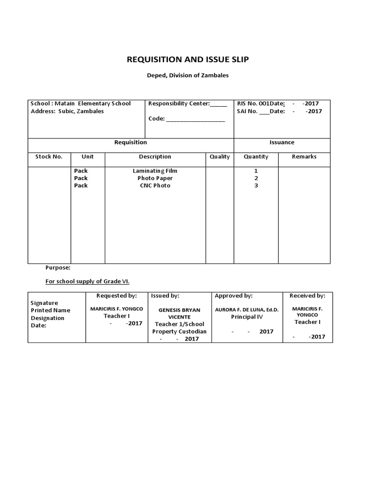 Requisition and Issue Slip: Deped, Division of Zambales | PDF | Office ...