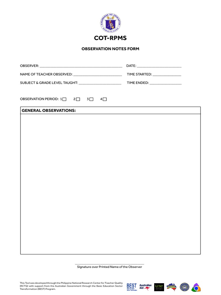 Cot-Rpms: Observation Notes Form | PDF