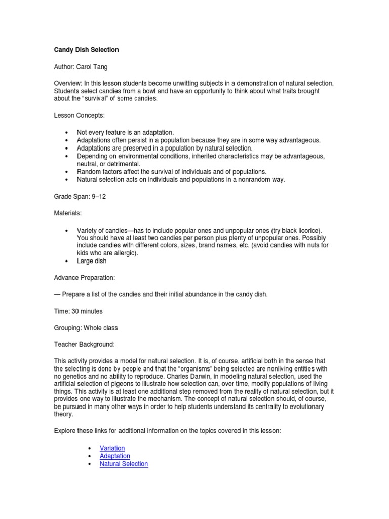 Natural Selection Candy Dish Lesson | PDF | Natural Selection | Adaptation