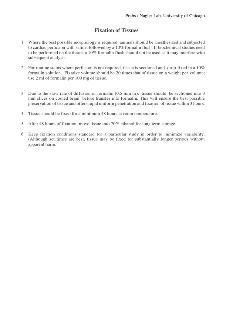 Fixation of Tissues: Prabs / Nagler Lab, University of Chicago | PDF