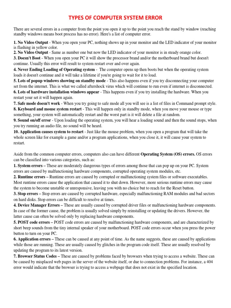 Types of Computer System Error | PDF | Web Page | Computer Hardware