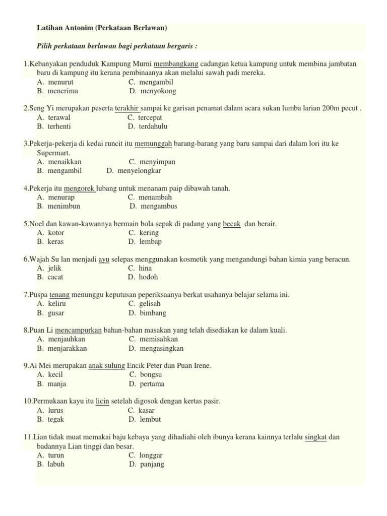 Latihan Antonim Berjawapan 1-20 | PDF