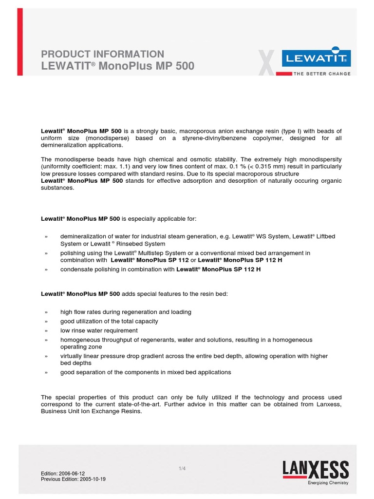 Lewatit MonoPlus MP 500 L | PDF | Ion Exchange | Water