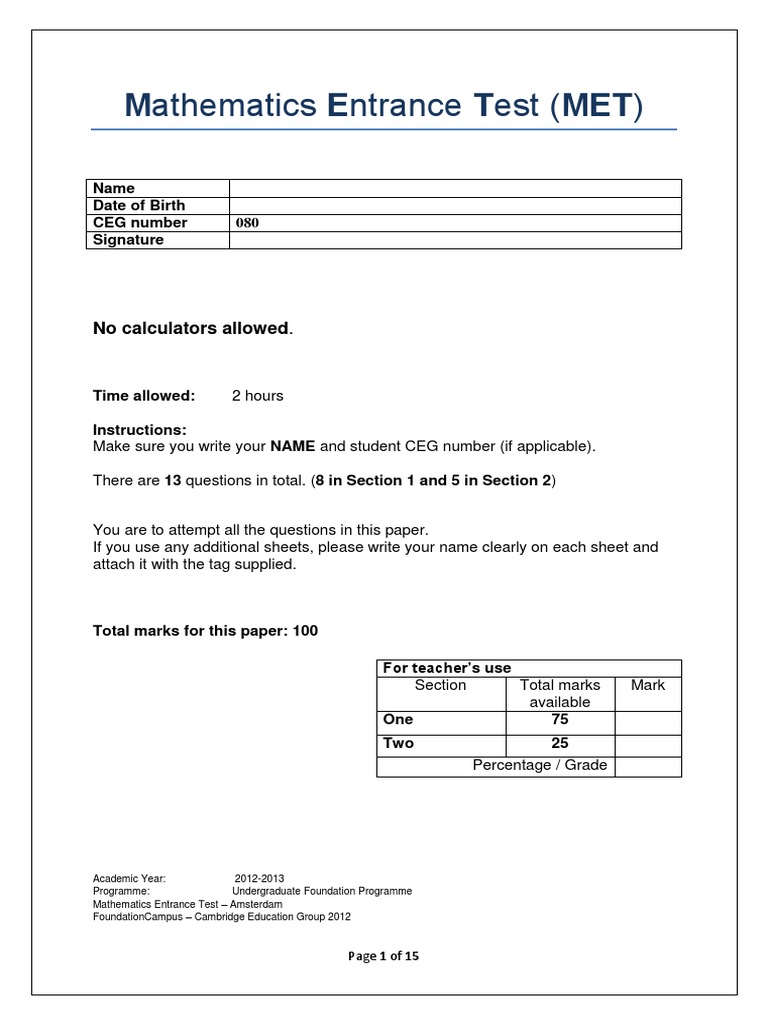 2 Mathematics Entrance Test-Amsterdam 12 Oct 2016 PDF | PDF ...
