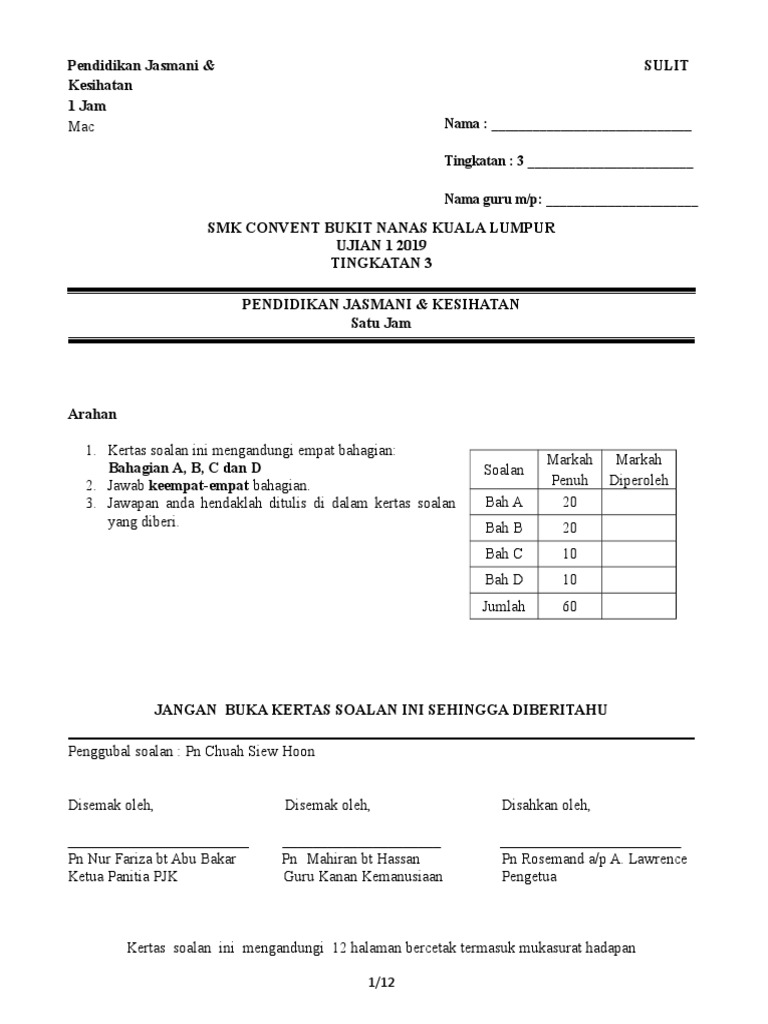 Koleksi Soalan PJK Ting 3 | PDF