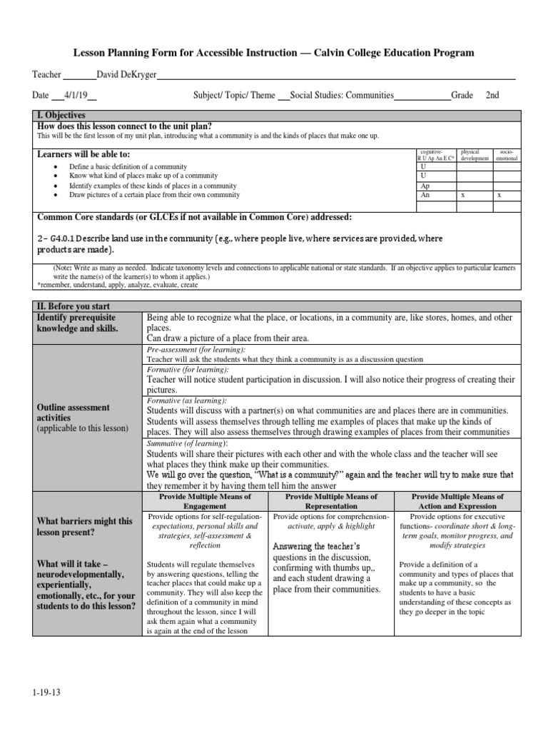 Accessible Lesson Plan: Community for 2nd Grade | PDF | Curriculum ...