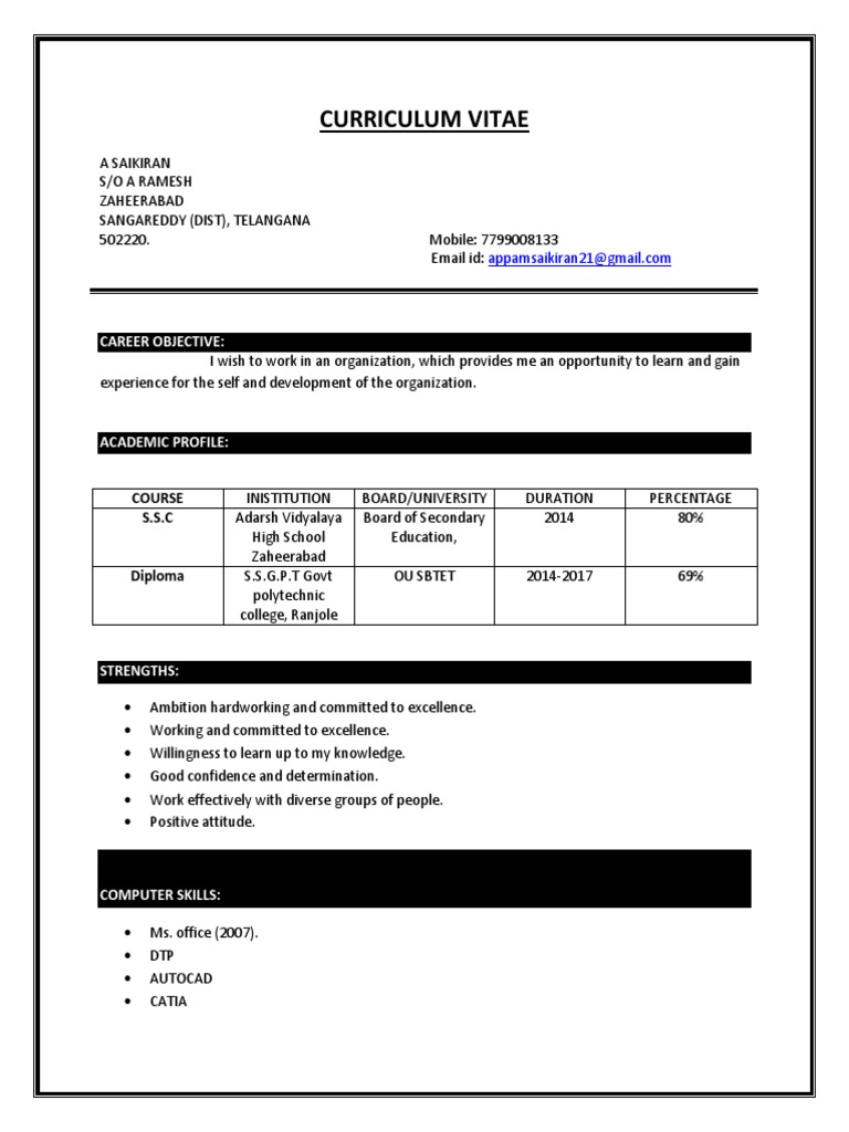 CV of A Saikiran from Zaheerabad | PDF | Career & Growth | Self-Improvement