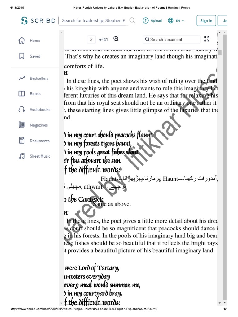 Notes Punjab University Lahore B.A English Explanation of Poems ...