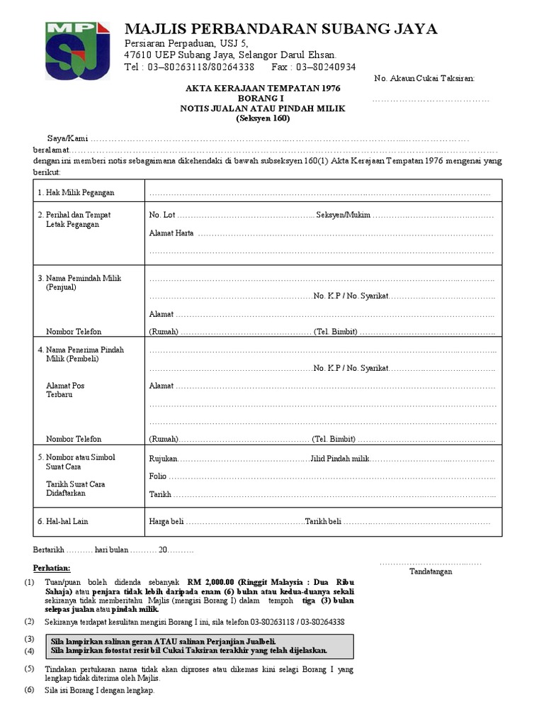 Borang I (Notis Jualan Atau Pindah Milik) | PDF