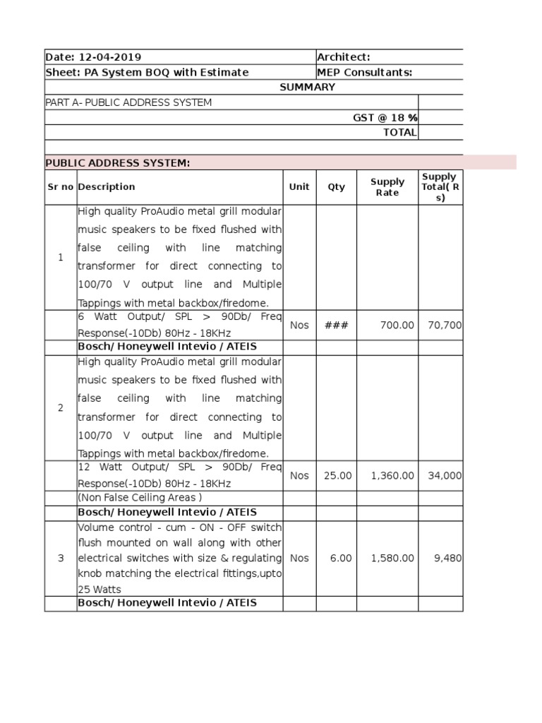 Pa System Boq-12-04-2019 | PDF | Amplifier | Electrical Engineering