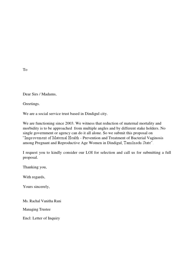 Health Proposal Letter of Inquiry | PDF | Maternal Death | Preterm Birth