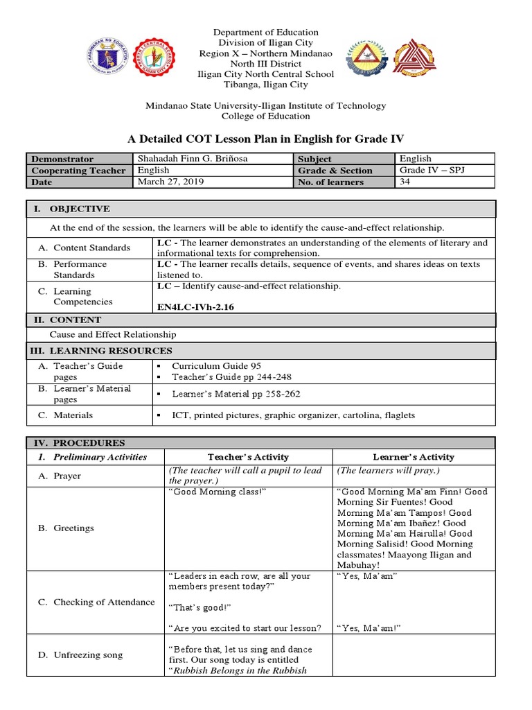 A Detailed COT Lesson Plan in English For Grade IV: 1. Preliminary ...